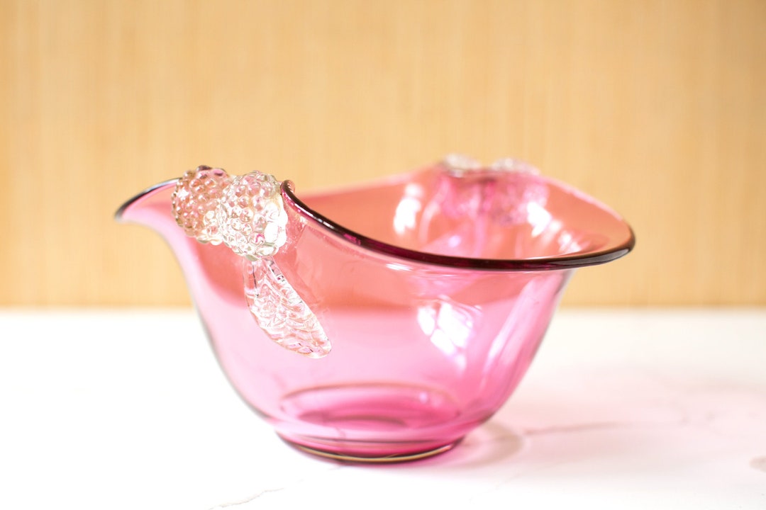 Vintage Pink Art Glass Bowl With Applied Raspberries and Leaves / Art ...