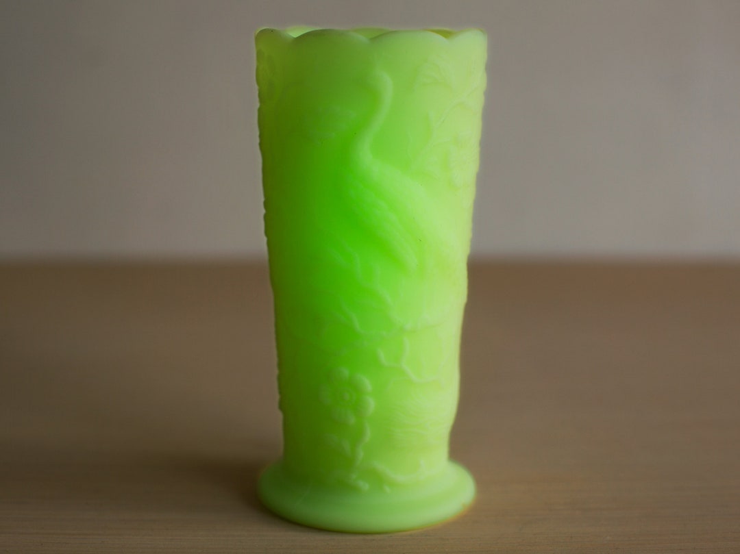 Vintage Fenton Uranium Custard Glass Embossed Peacock Garden Vase ...