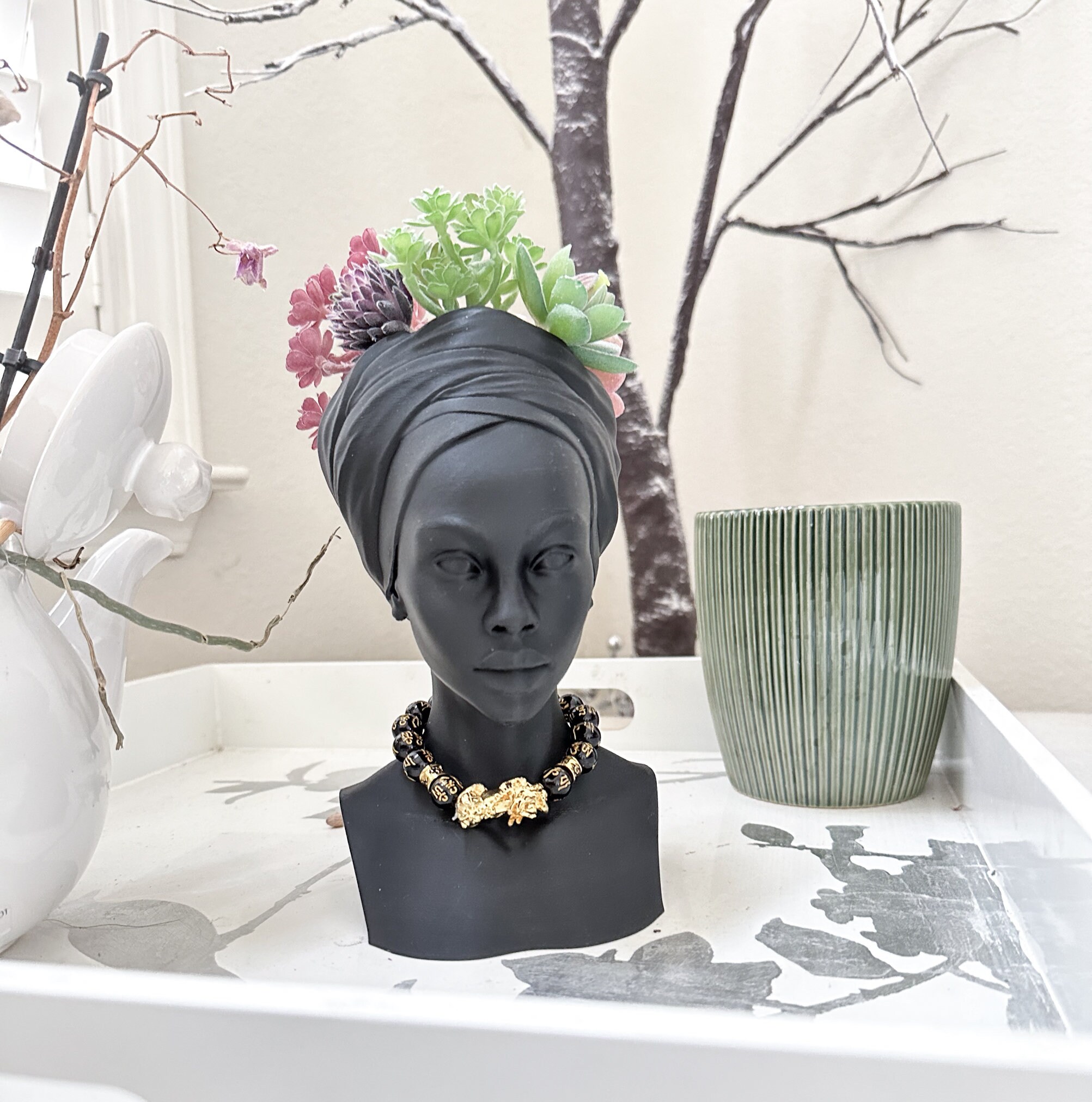 Afrocentric Woman Face Planter Desk Planter, African Bust, Cozy Room ...