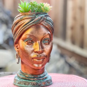 African Woman Head Planter – 10" Outdoor Garden Pot, Afrocentric ...