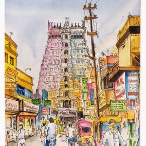 Madurai Meenakshi Amma Temple Street View Watercolour Art - Etsy