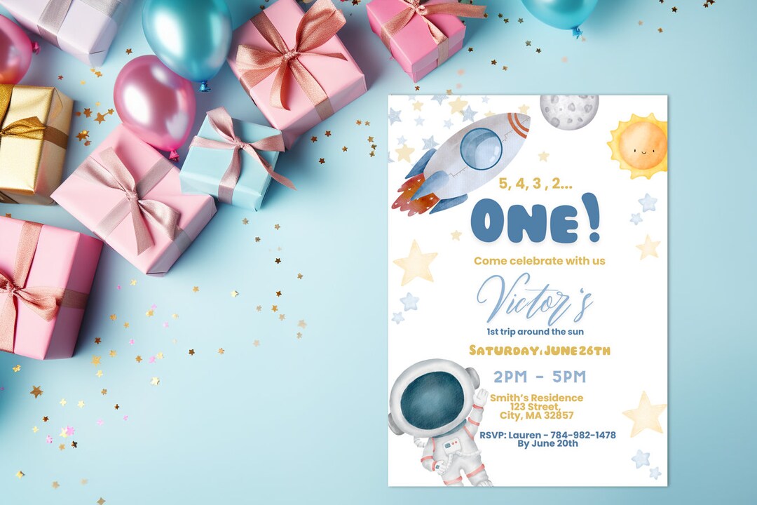 Space-themed First Birthday Party Invitation | Rocket & Stars ...