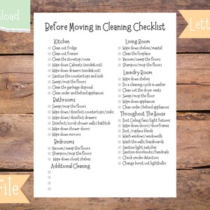 Moving in Cleaning Checklist, Printable Cleaning Checklist, New Home ...