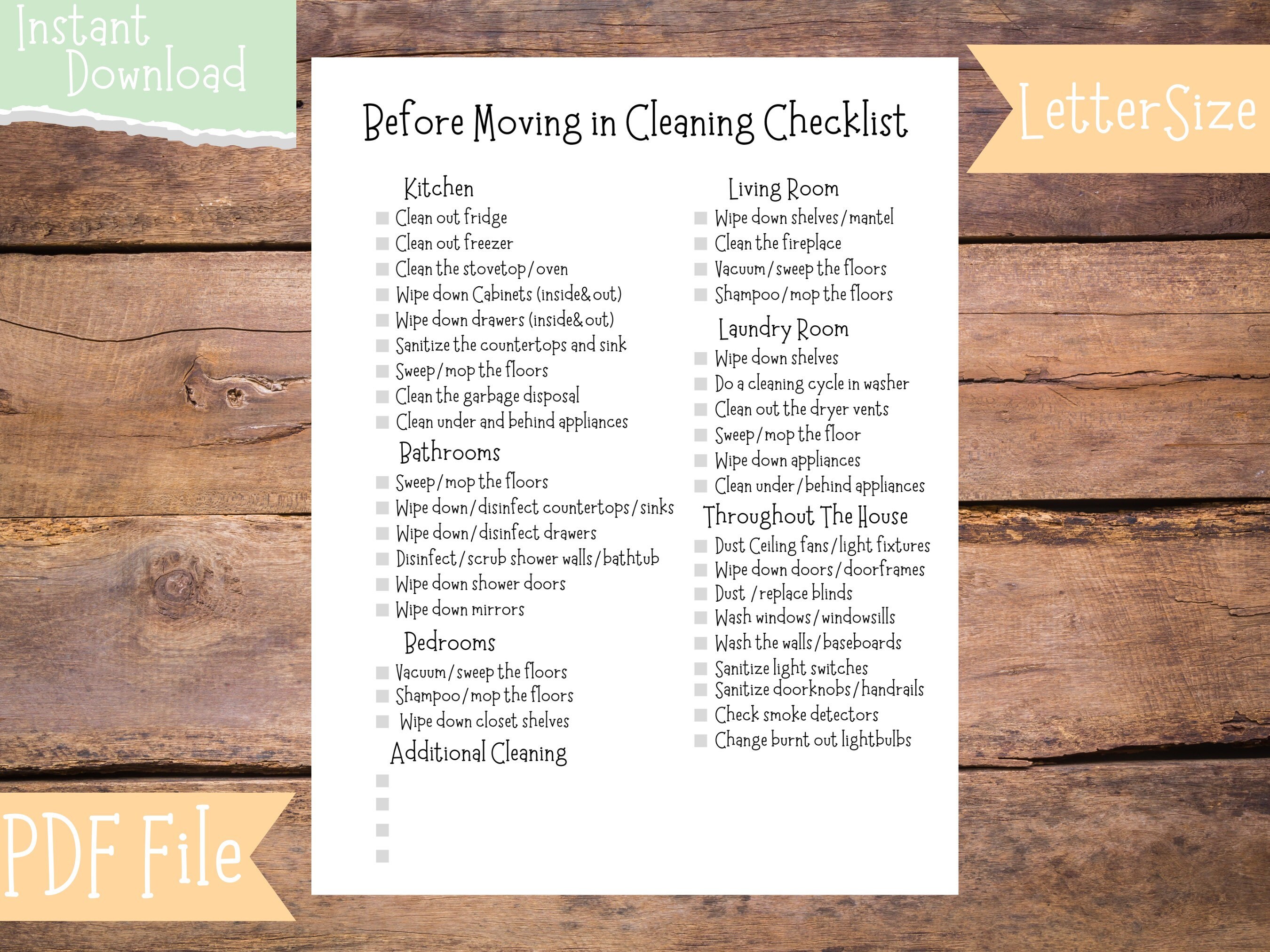 Moving in Cleaning Checklist, Printable Cleaning Checklist, New Home ...