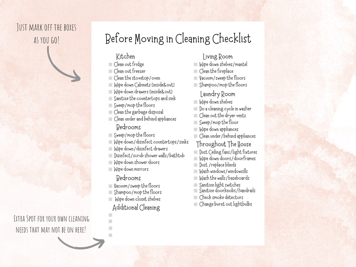 Moving in Cleaning Checklist, Printable Cleaning Checklist, New Home ...