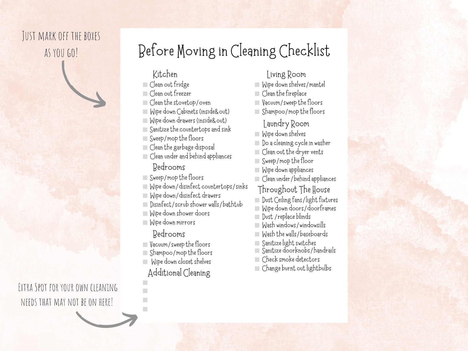 Moving in Cleaning Checklist, Printable Cleaning Checklist, New Home ...