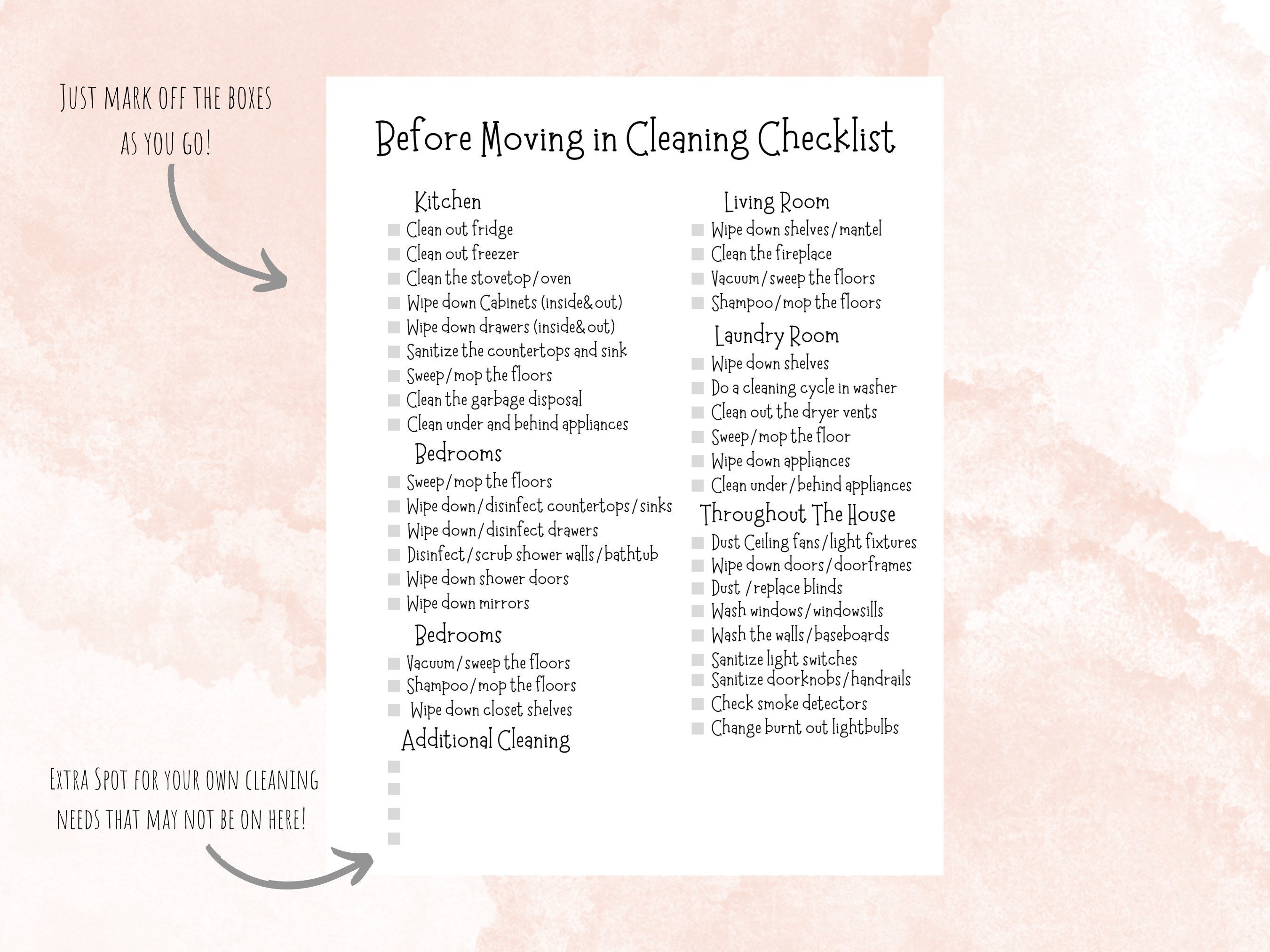 Moving in Cleaning Checklist, Printable Cleaning Checklist, New Home ...