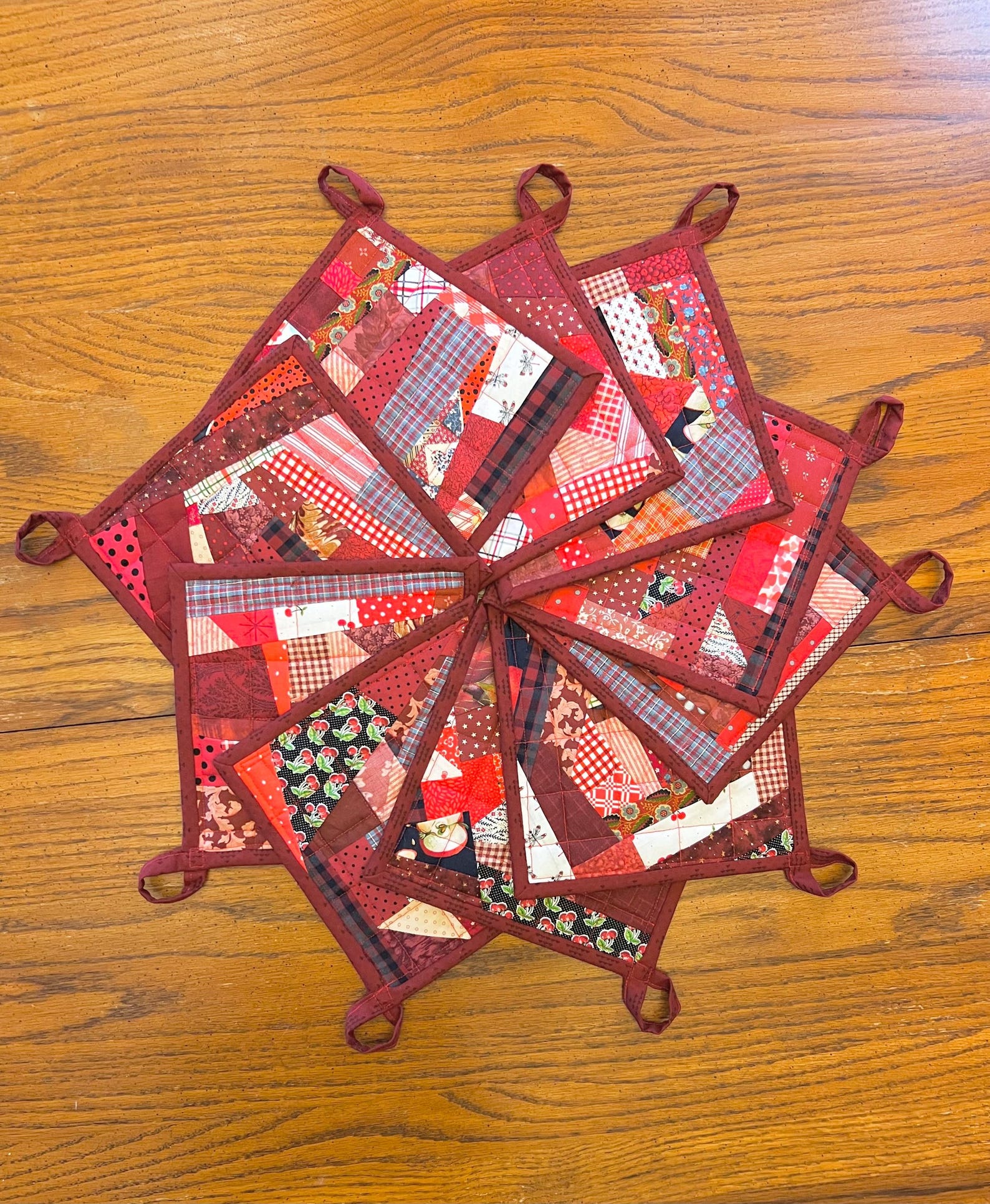 Set of Two Potholders Hot Pads Red Quilted Patchwork Wonky - Etsy