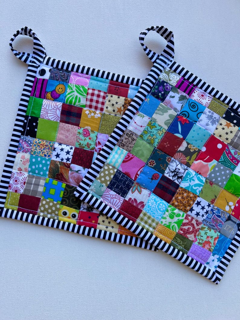 Set of Two Patchwork Potholders Hot Pads Trivets Postage Stamp Squares ...