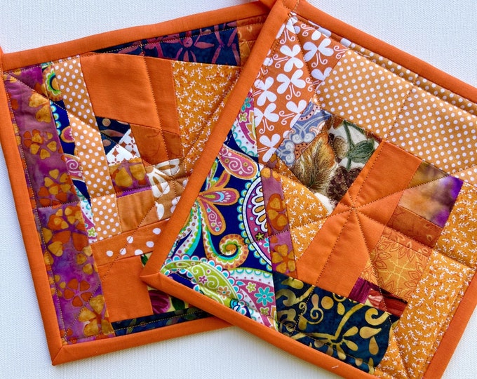 Quilted Patchwork Potholders Set of Two Hot Pad Trivet Orange - Etsy