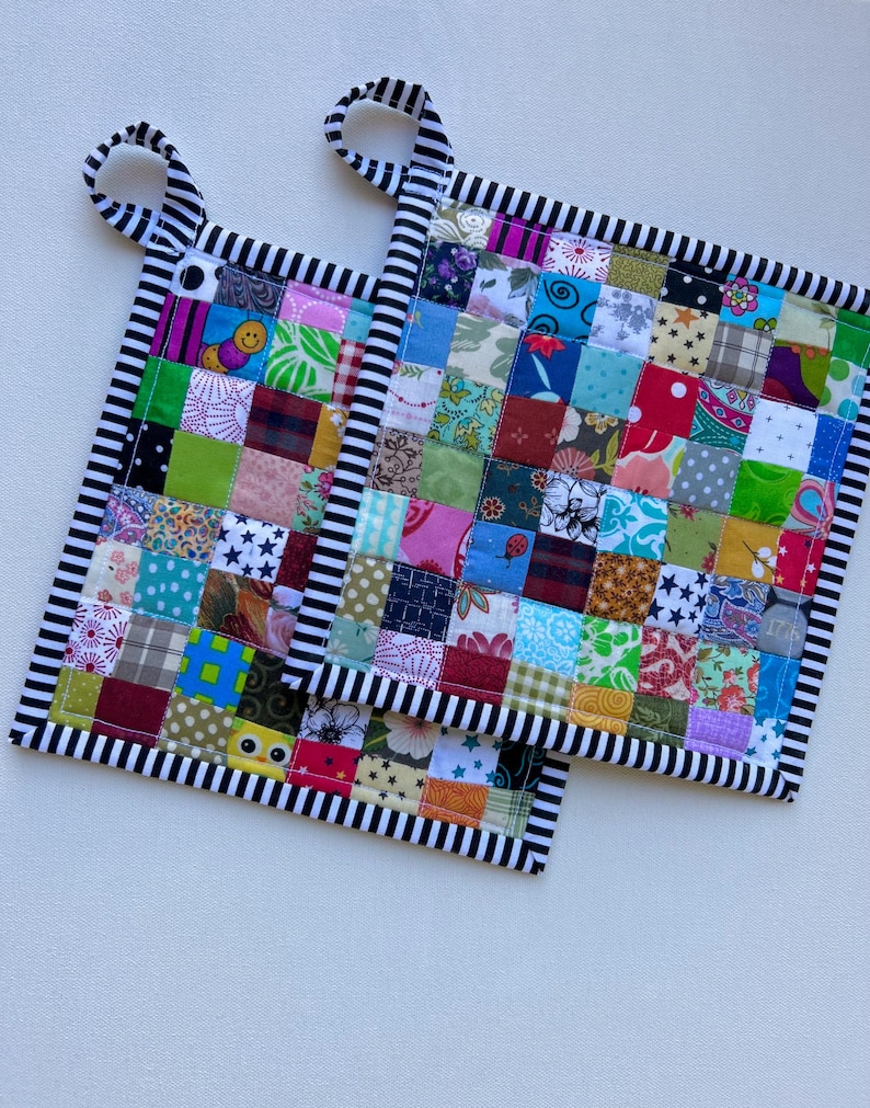Set of Two Patchwork Potholders Hot Pads Trivets Postage Stamp Squares ...