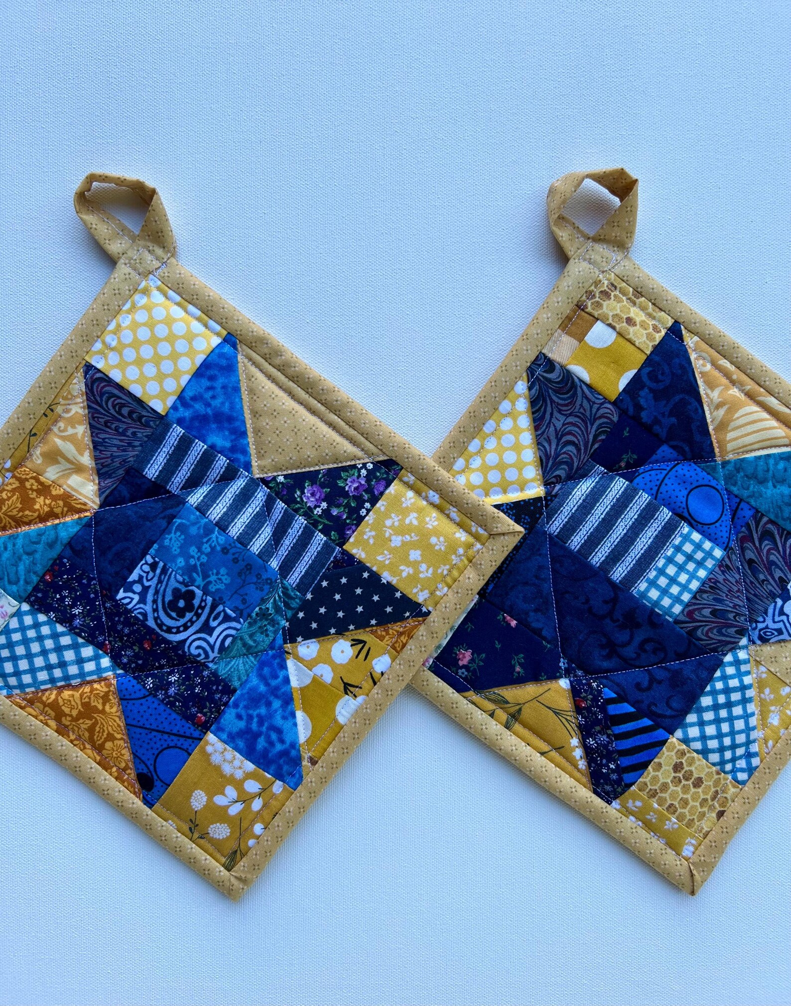 Set of Two Quilted Patchwork Potholders Hot Pads Trivets Blue Yellow - Etsy