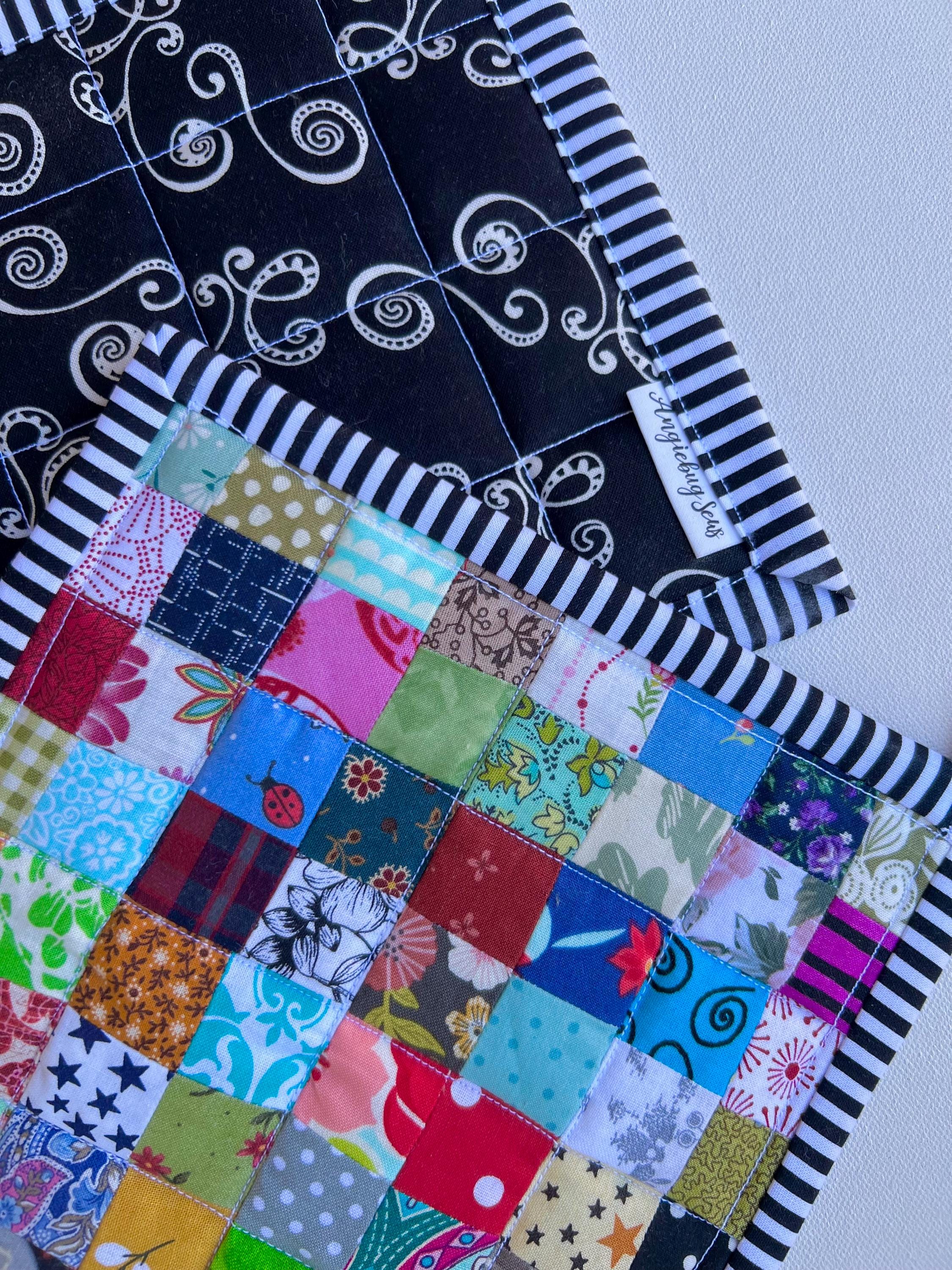 Set of Two Patchwork Potholders Hot Pads Trivets Postage Stamp Squares ...