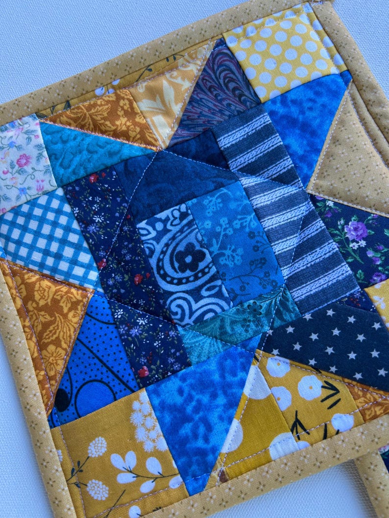 Set of Two Quilted Patchwork Potholders Hot Pads Trivets Blue Yellow - Etsy