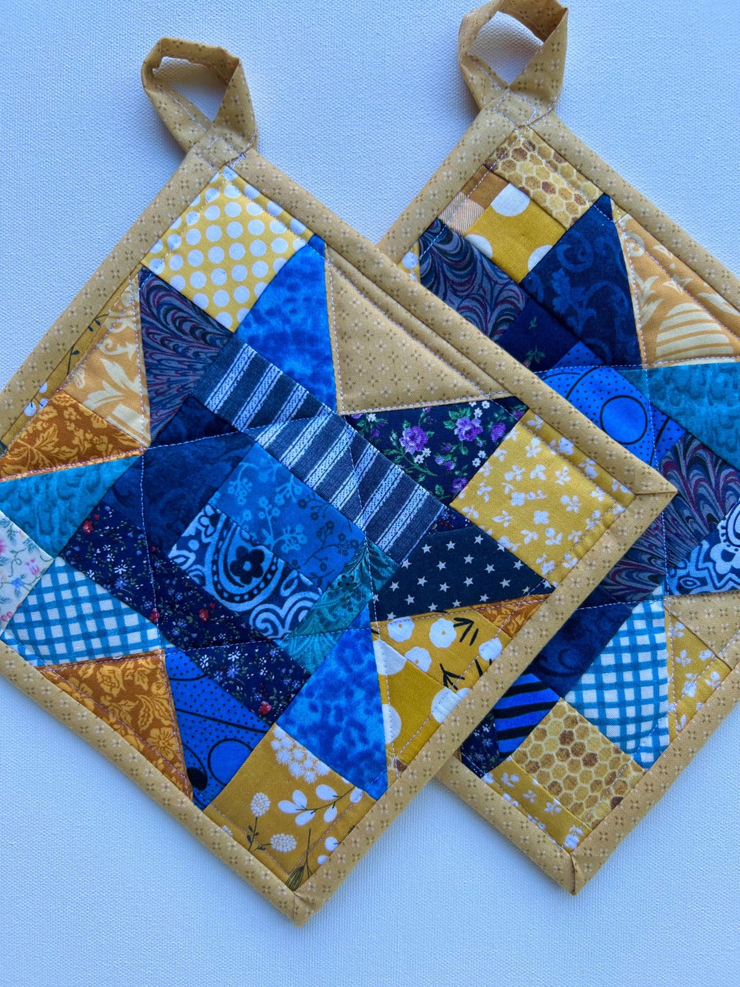 Set of Two Quilted Patchwork Potholders Hot Pads Trivets Blue Yellow - Etsy