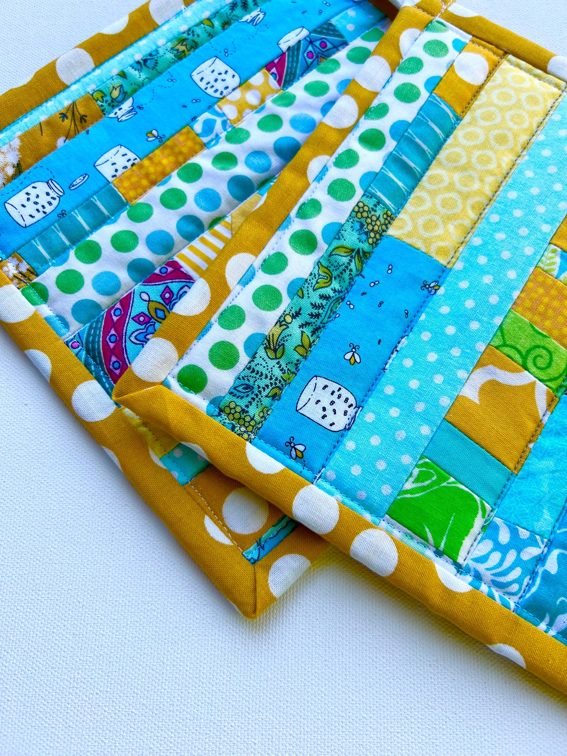 Set of Two Quilted Patchwork Potholders Hot Pads Trivets Yellow Teal - Etsy