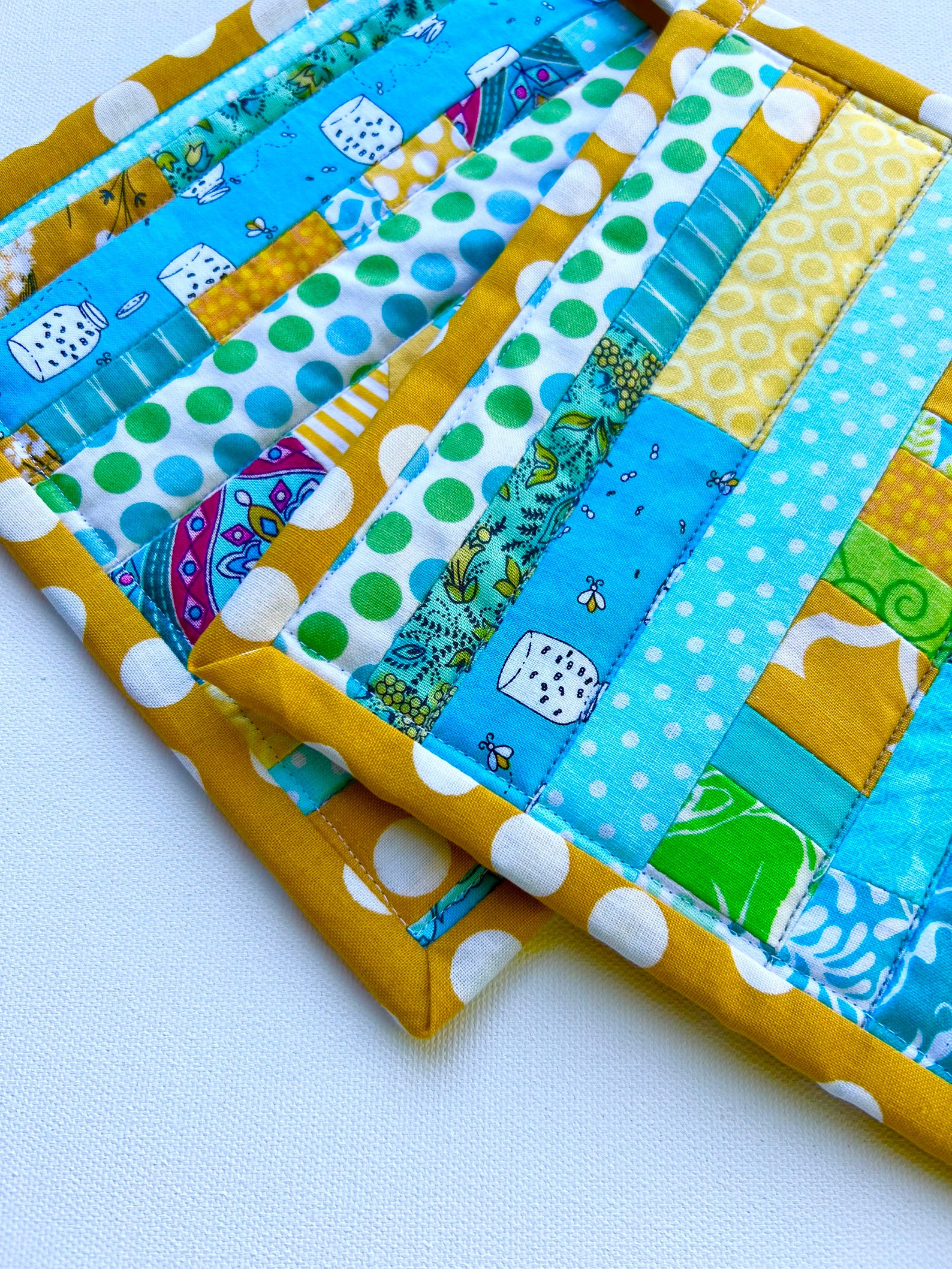 Set of Two Quilted Patchwork Potholders Hot Pads Trivets Yellow Teal - Etsy