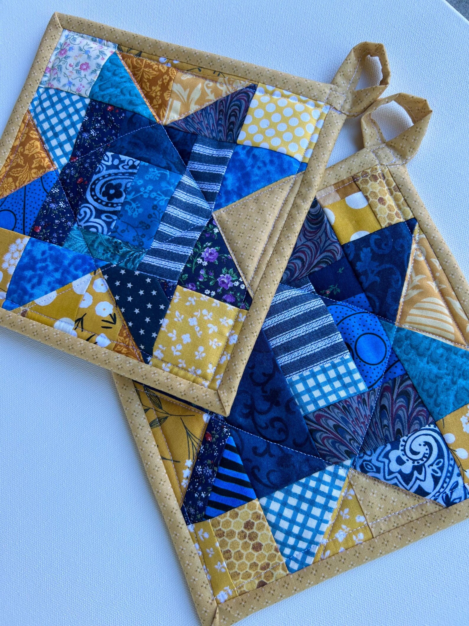 Set of Two Quilted Patchwork Potholders Hot Pads Trivets Blue Yellow - Etsy