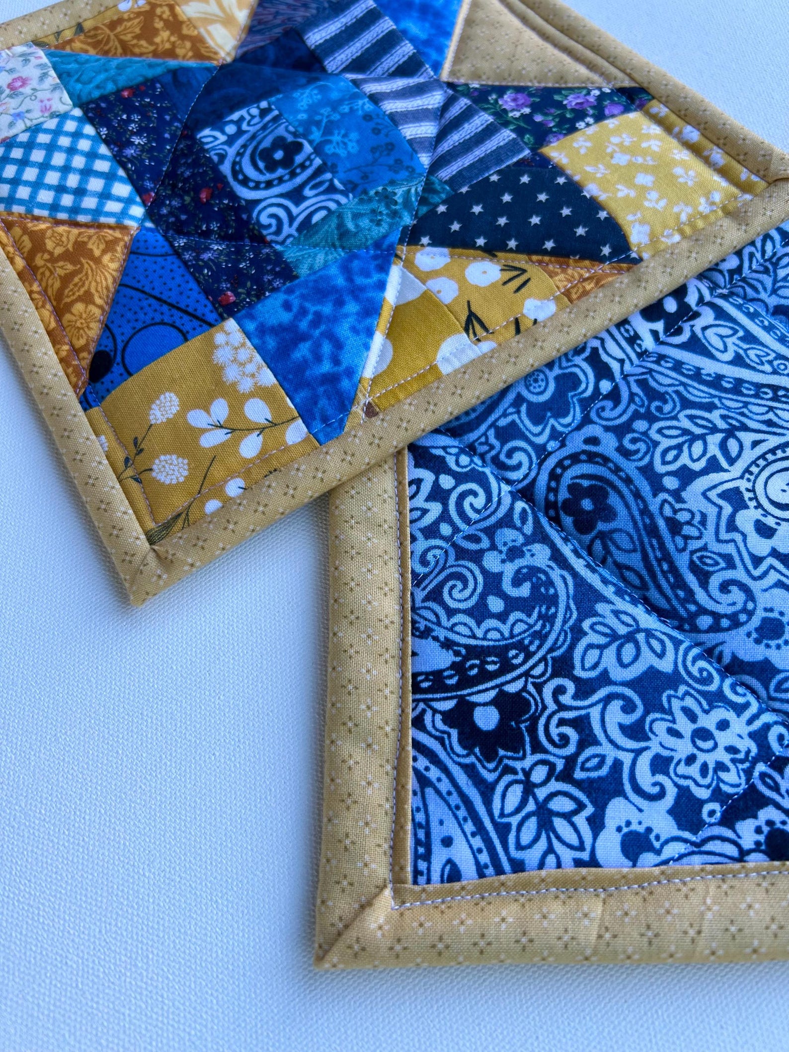Set of Two Quilted Patchwork Potholders Hot Pads Trivets Blue Yellow - Etsy