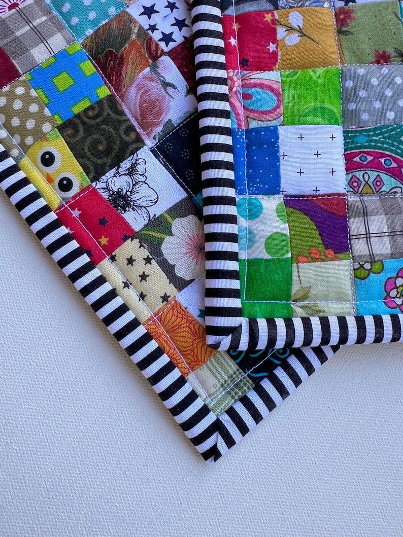 Set of Two Patchwork Potholders Hot Pads Trivets Postage Stamp Squares ...