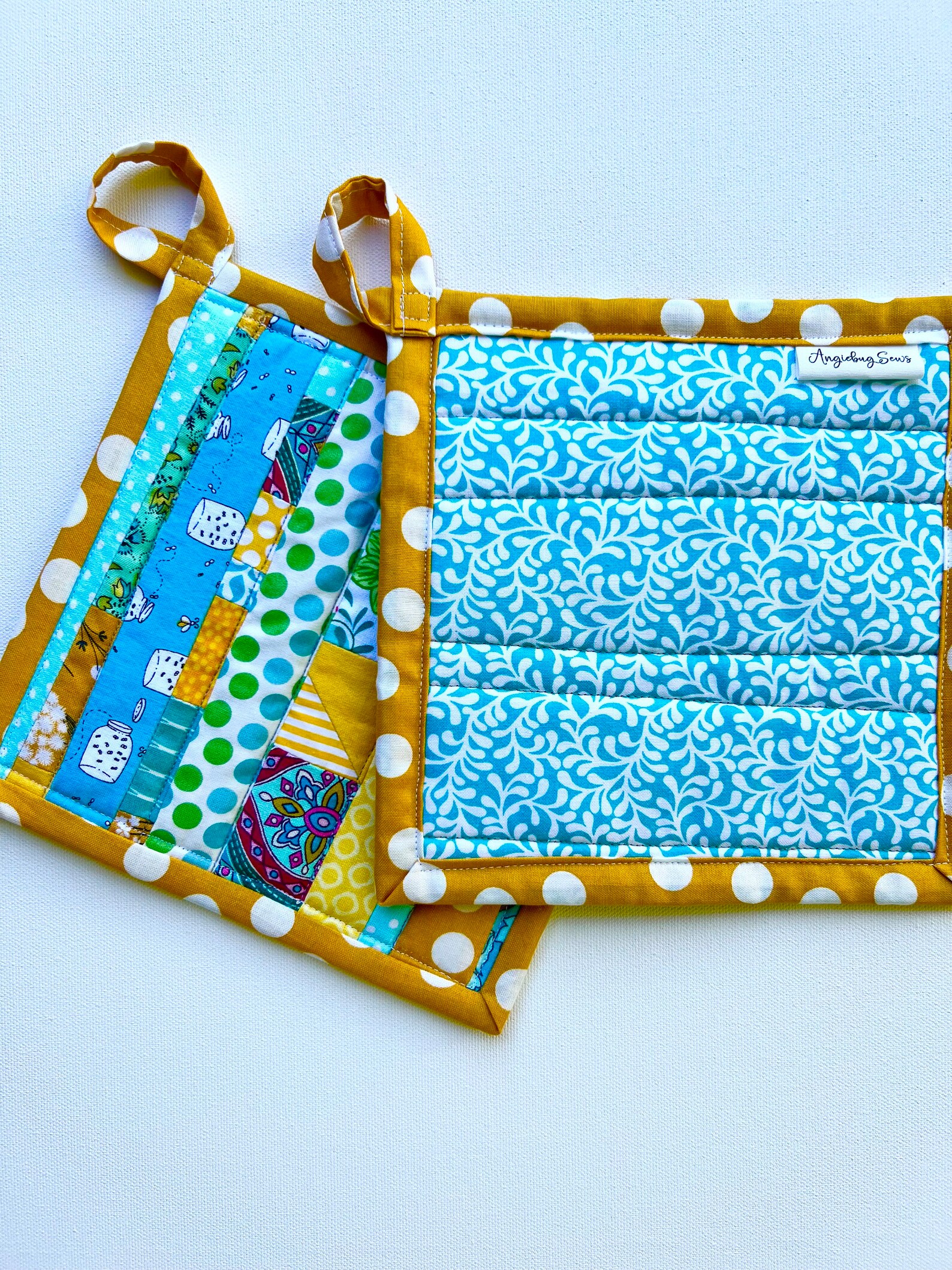 Set of Two Quilted Patchwork Potholders Hot Pads Trivets Yellow Teal - Etsy