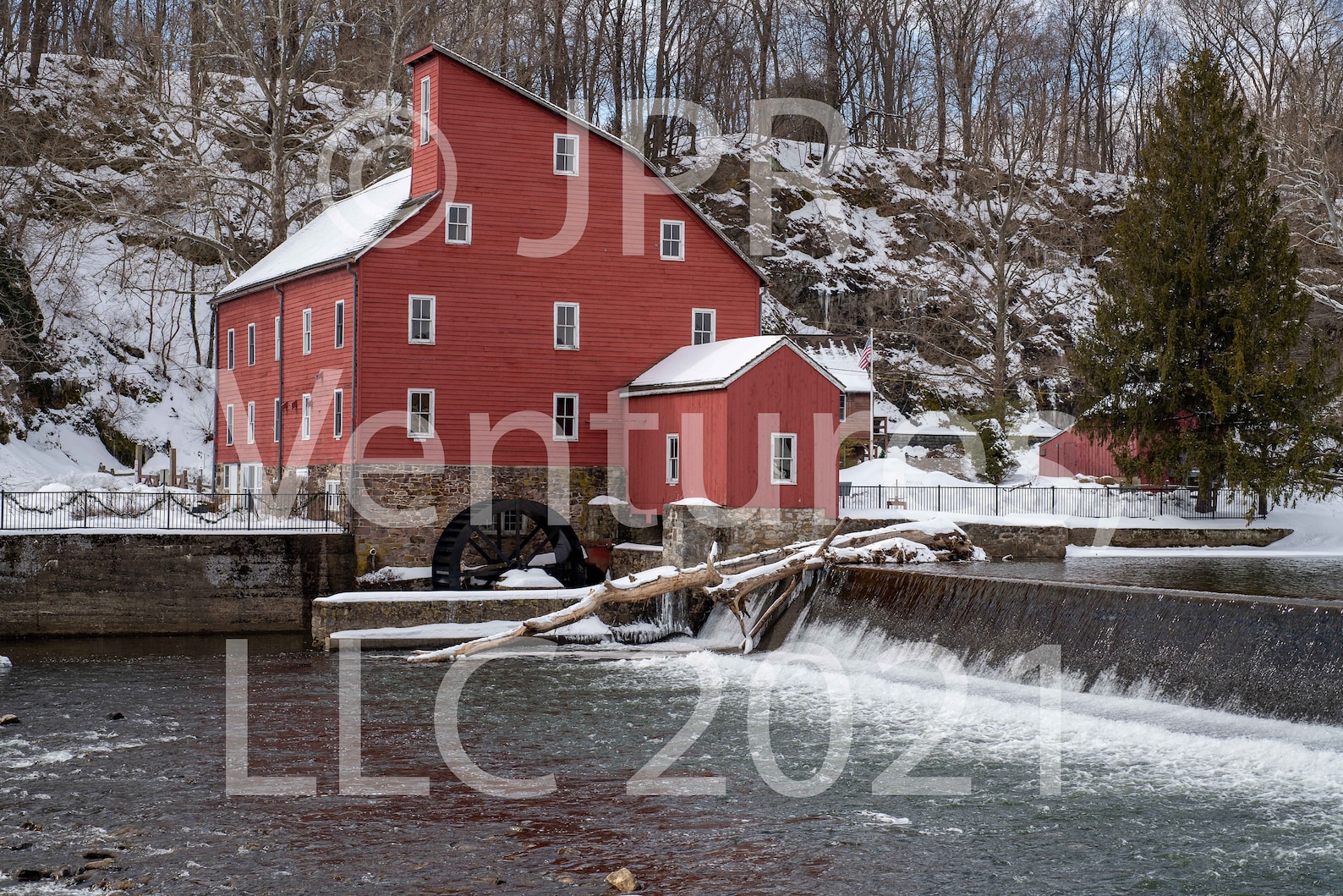 Clinton NJ Red Mill in Winter With Waterfall Fine Photographic Unframed ...
