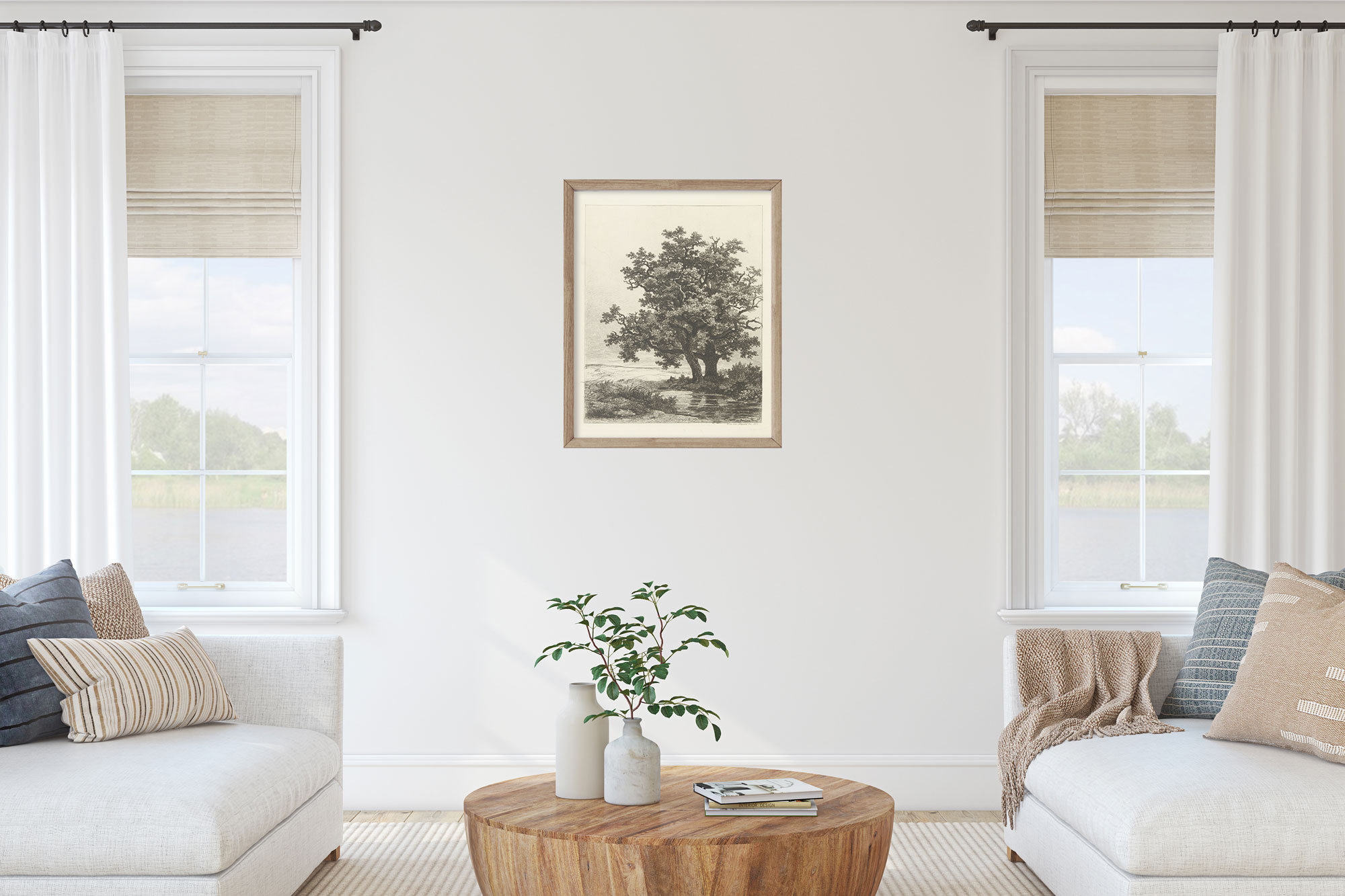 Vintage Tree Pencil Drawing Landscape Art Print - Tree Over River Bend ...