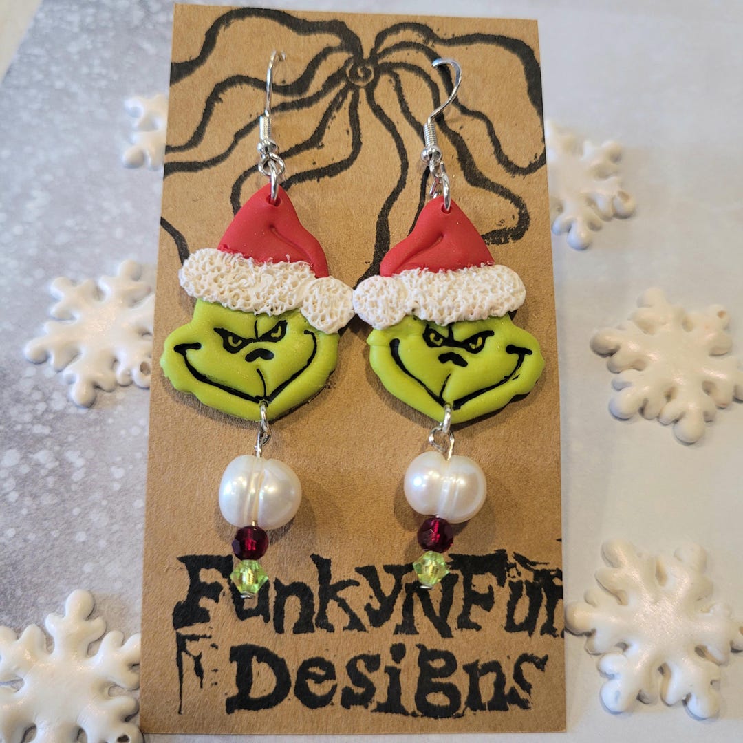 The Grinch Polymer Clay Earrings With Freshwater Pearl! - Etsy