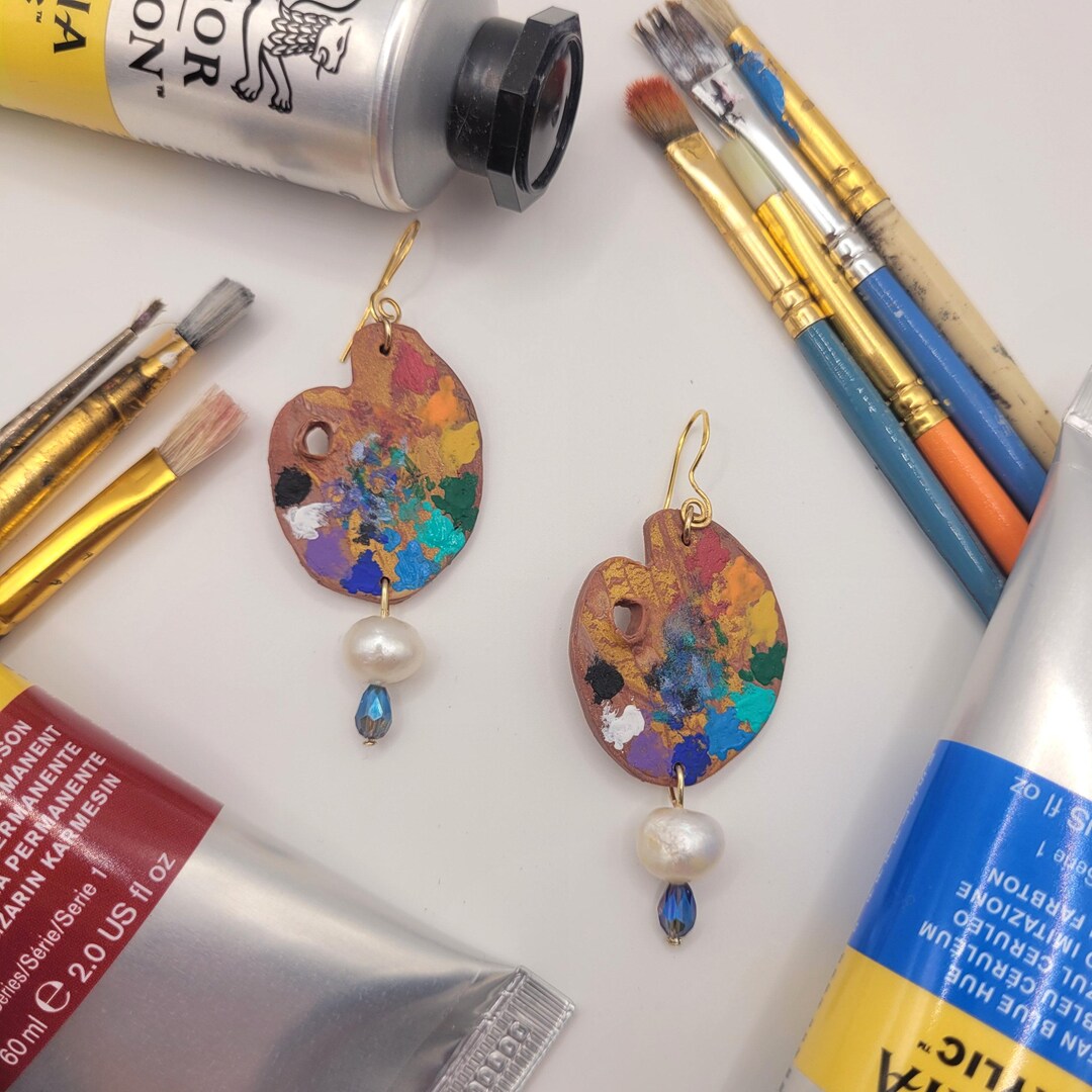 Artsy Paint Pallete Polymer Clay Earrings With a Freshwater Pearl! - Etsy