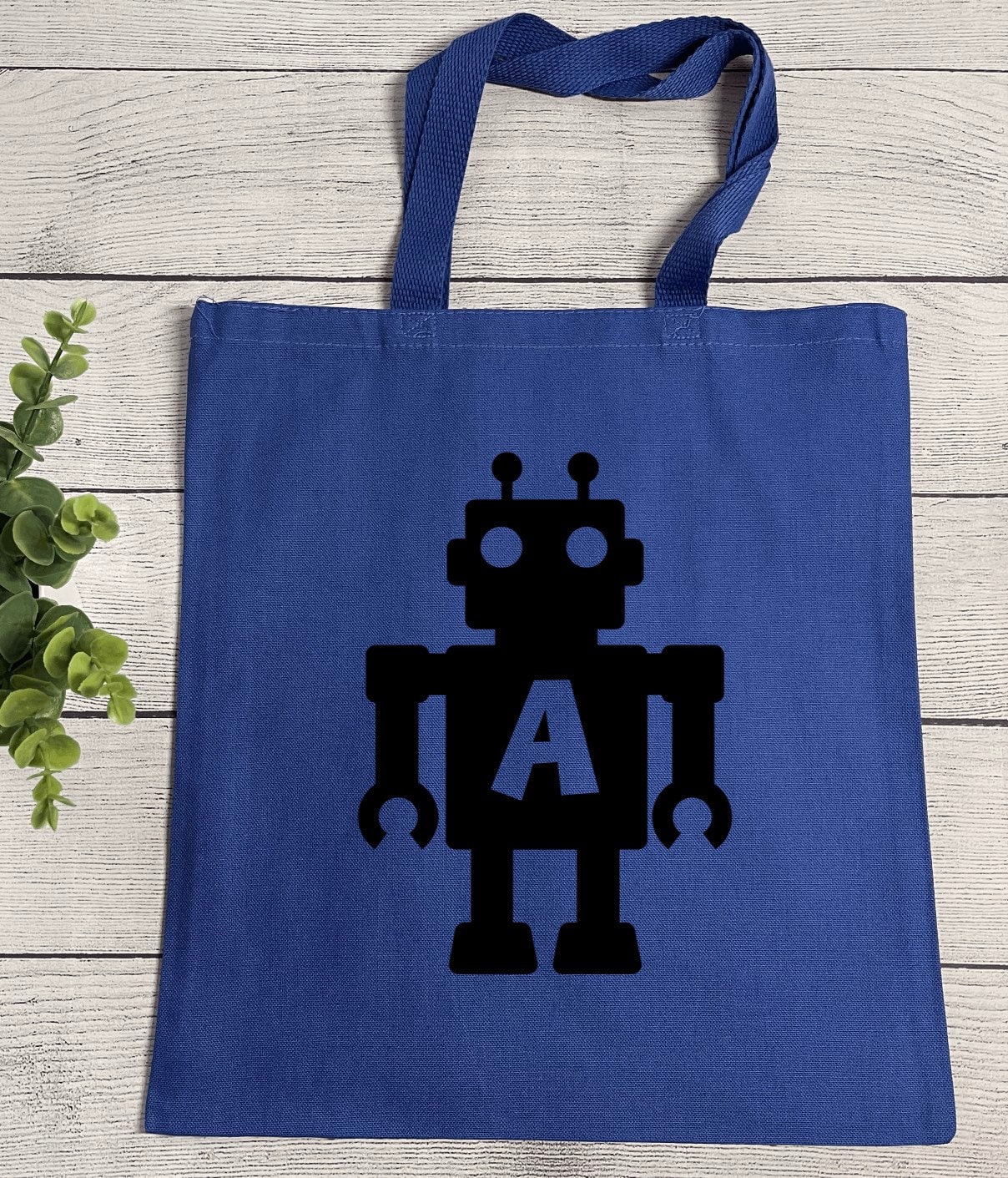 Robot Monogram Tote Bag - Personalized With Initial - Reusable Tote Bag ...
