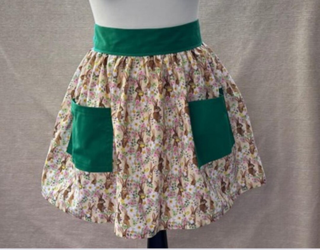 Bunnies Half Apron | Handmade Rabbit Half Apron | Retro Bunny & Flowers ...