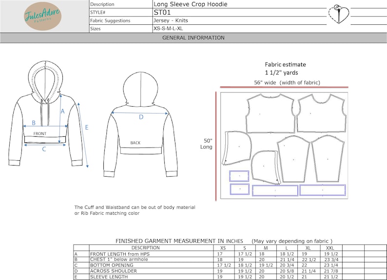 Hoodie Sewing Pattern PDF - Crop Top Long Sleeve With Drop Shoulder ...