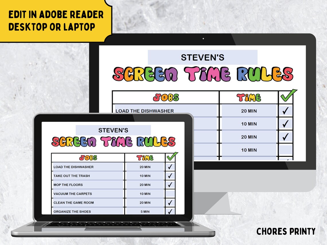 Editable Screen Time Chart Kids, Digital, Screen Time Chore Chart, Kids ...