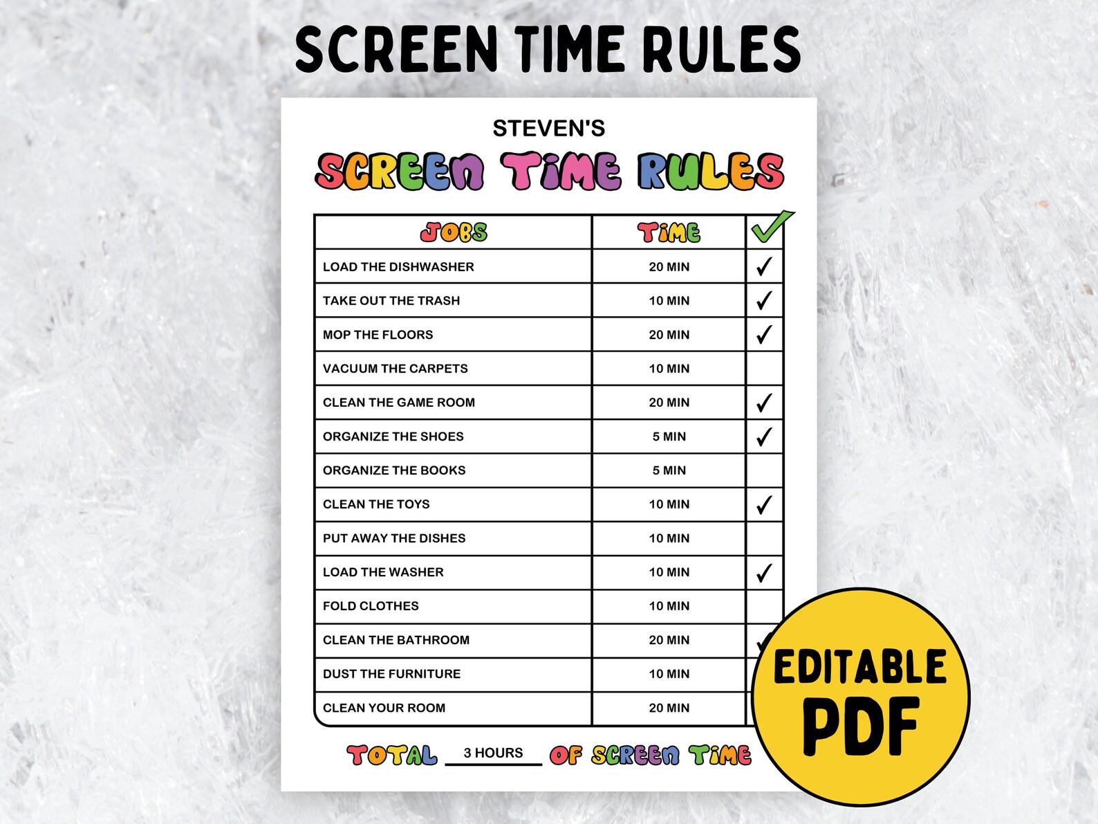 Editable Screen Time Chart Kids, Digital, Screen Time Chore Chart, Kids ...