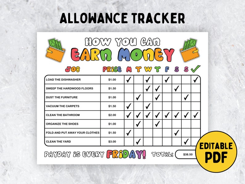 Editable Allowance Tracker Kids, Earn Money Chart, Money Reward Chart ...