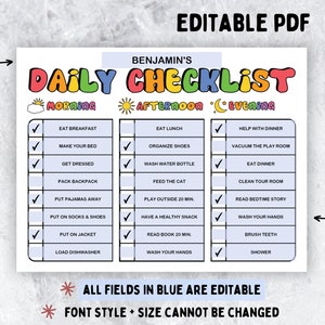 Editable Daily Checklist for Kids, to Do List, Before and After School ...