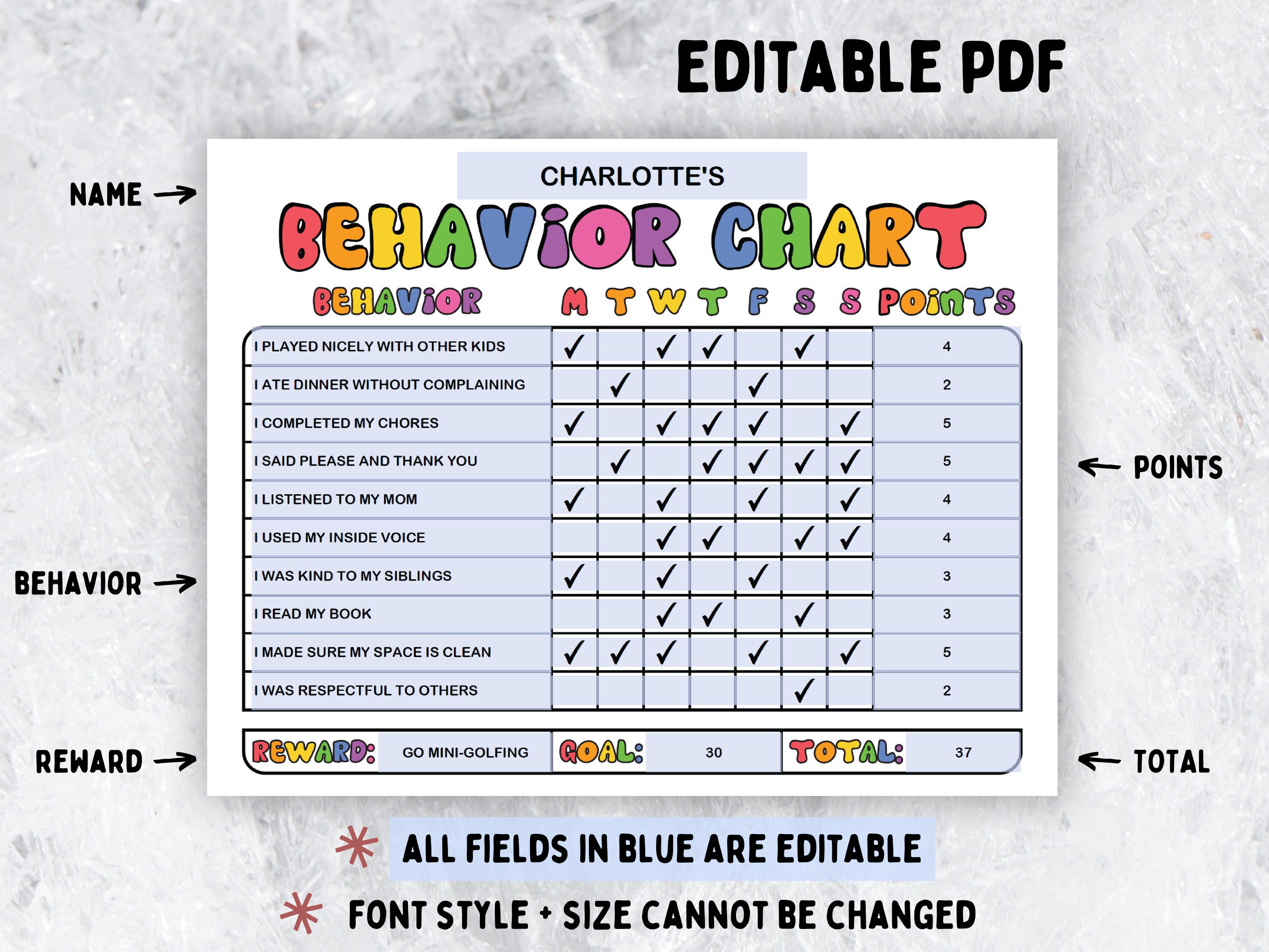 Behavior Chart, Children Behavior Tracker, Children Behavior Points ...