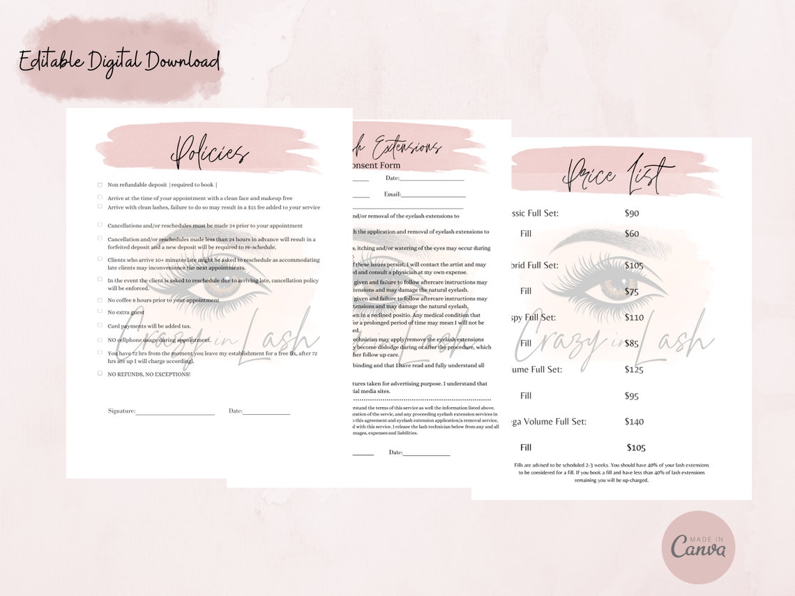 Eyelash Technician Consent Form, Policies & Price List Template - Etsy