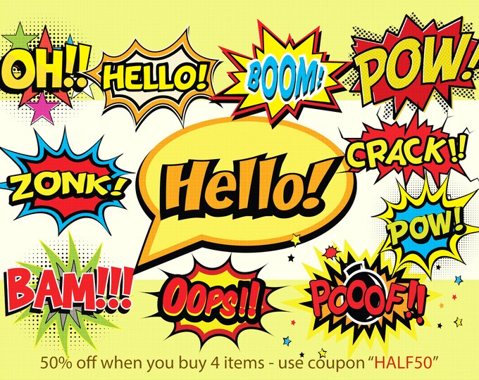 Superhero Clipart, Comic Book Clip Art, Comic Text Speech Bubbles ...