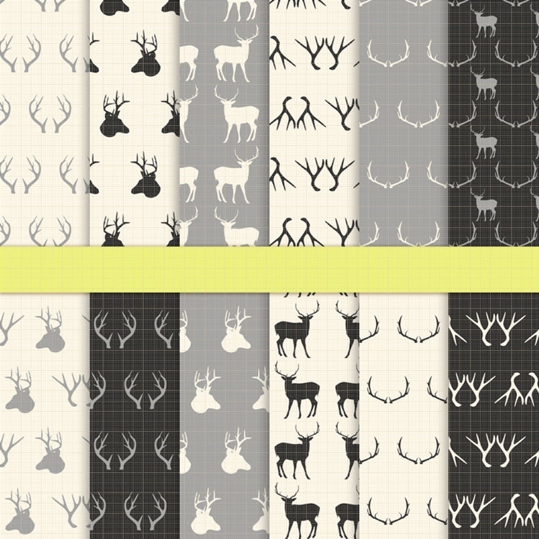 Grey Antlers Scrapbook, Antlers Papers, Woodland Deer Digital Paper ...