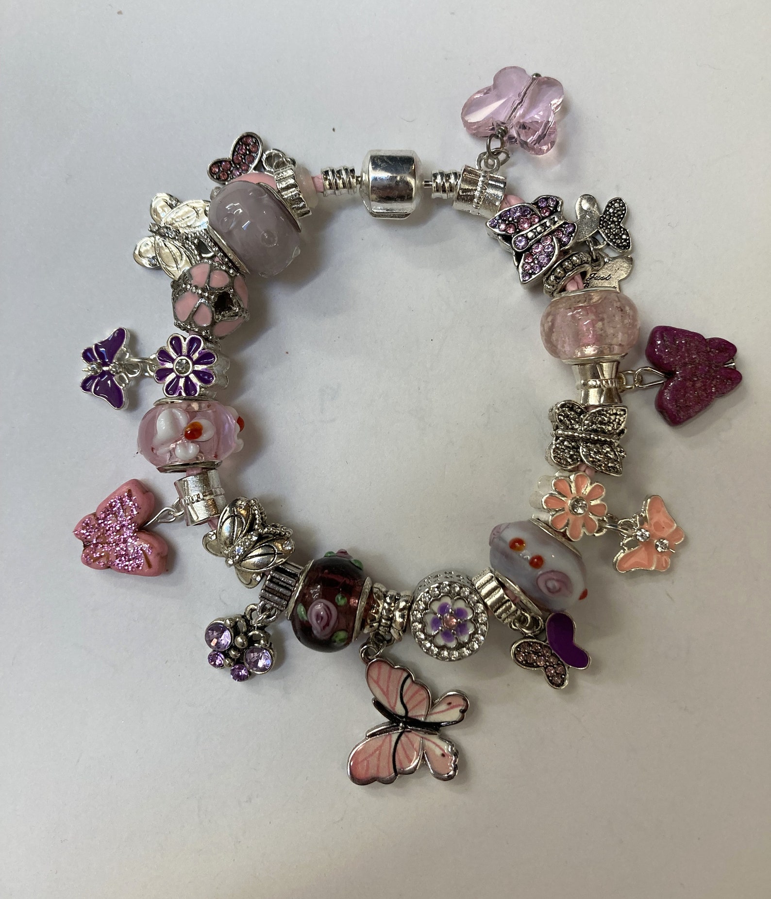BUTTERFLY Charm Bracelet Shades of Pink and Purple Charms and Beads ...