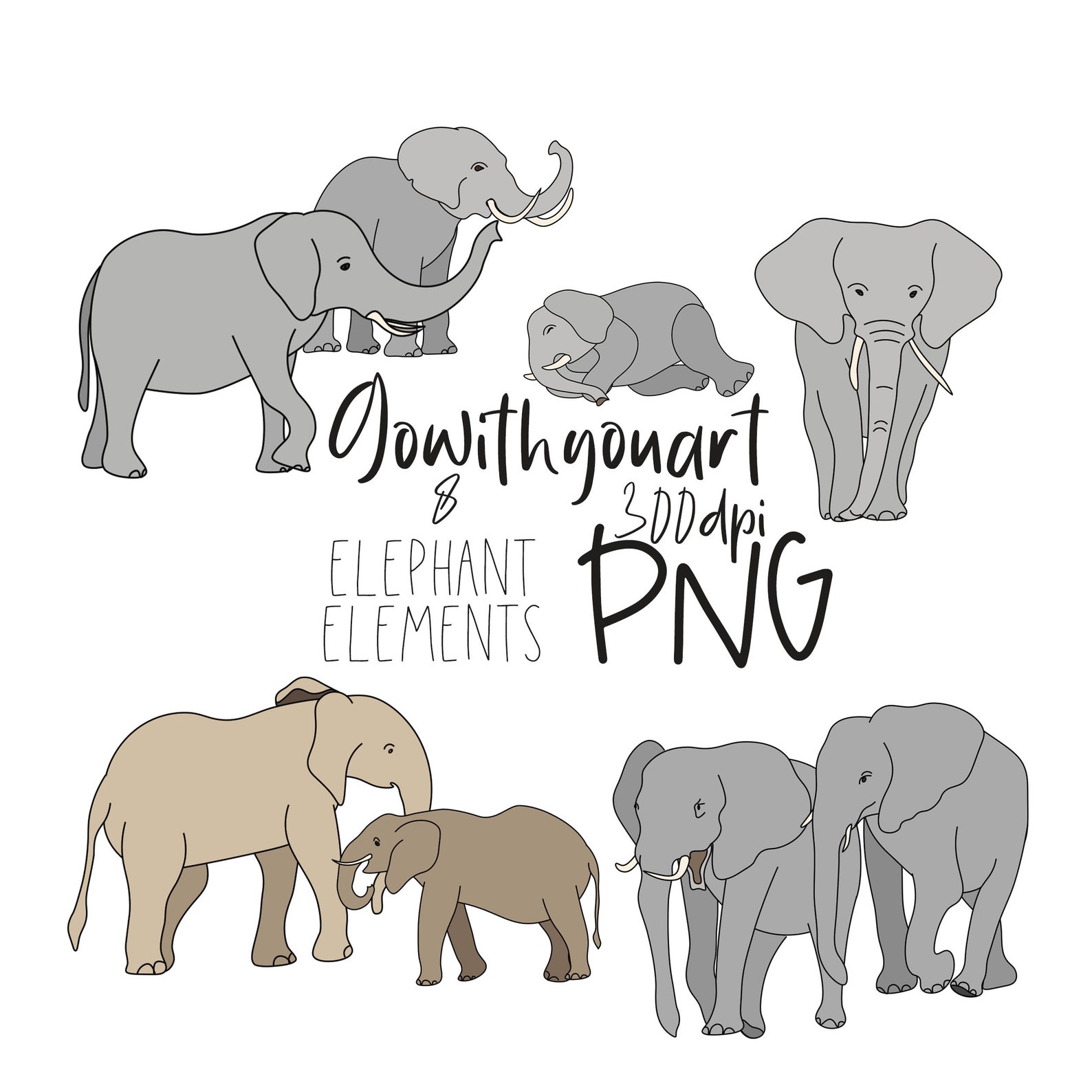 Elephant Clip Art | Instant Download | Elephants PNG, 300DPI ...