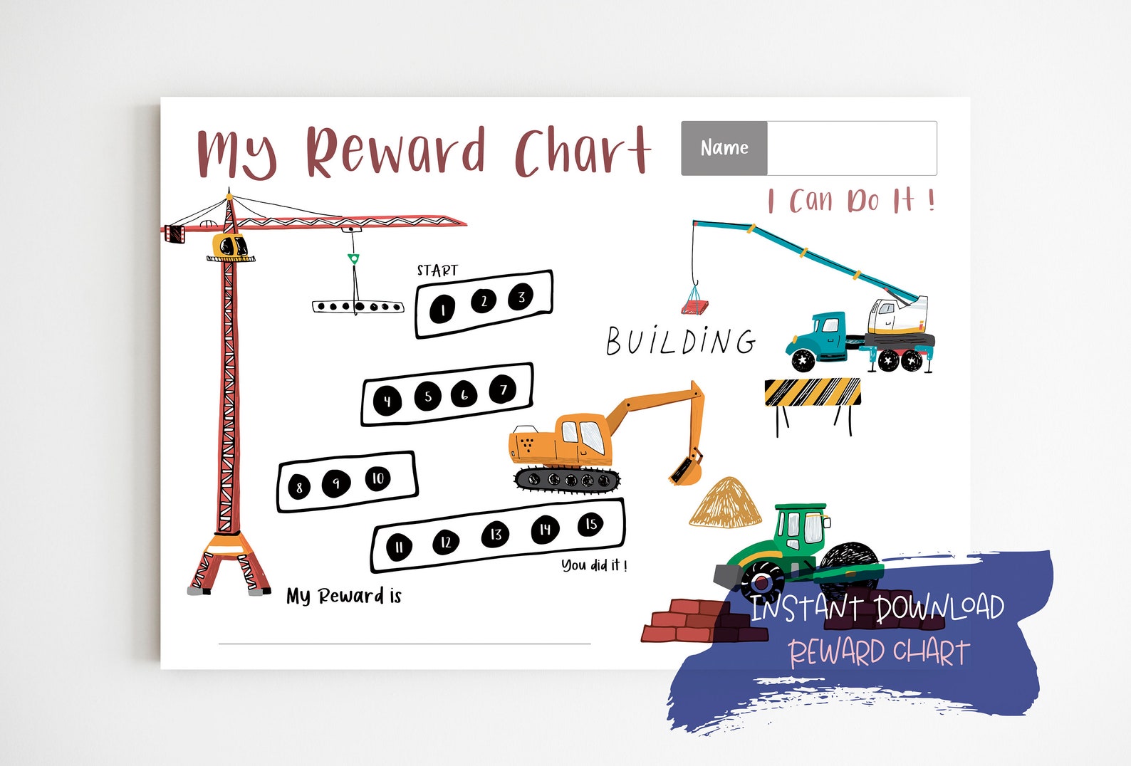 Construction Reward Chart for Kids Printable Reward Chart Reward Chart ...