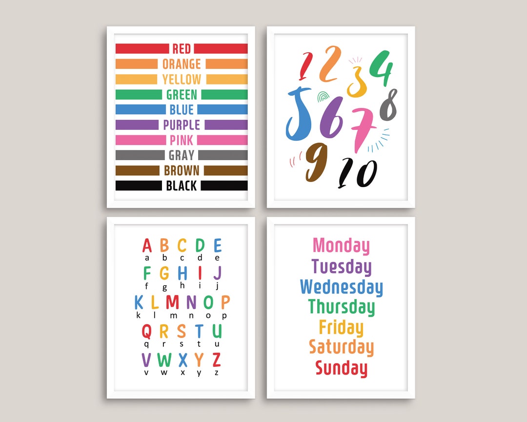 Set of 4 Educational Poster Colors, Alphabet, Days, Numbers Wall Decor ...