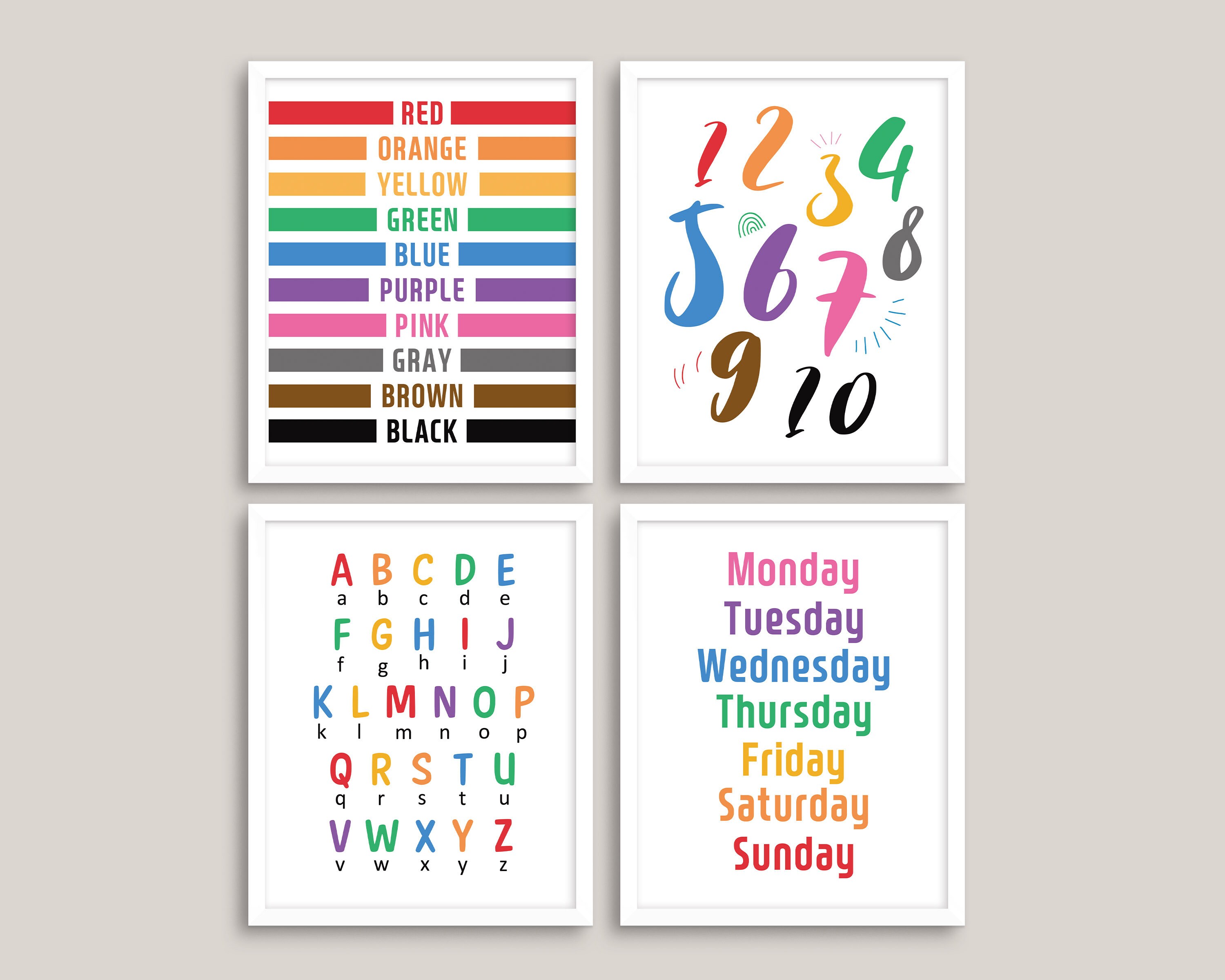 Set of 4 Educational Poster | Colors, Alphabet, Days, Numbers Wall ...