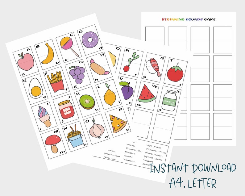 Beginning Sounds Matching Game Food Alphabet Game Preschool Curriculum ...