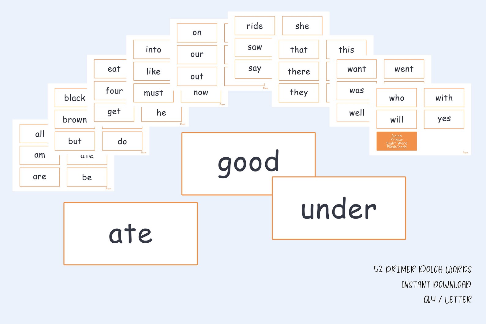 Dolch Sight Words Printable | 52 Primer Dolch Words Flashcards | Pre-k ...