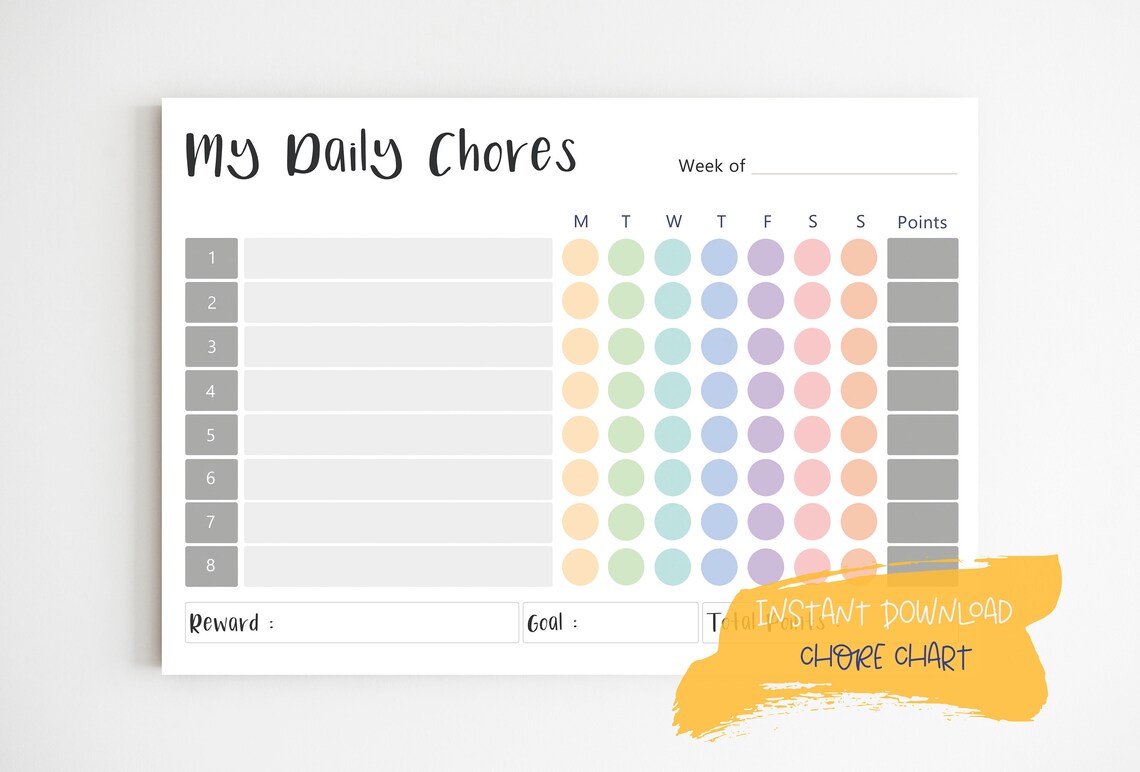 Printable Daily Chore Chart for Kids Reward Chart for Girl Reward Chart ...