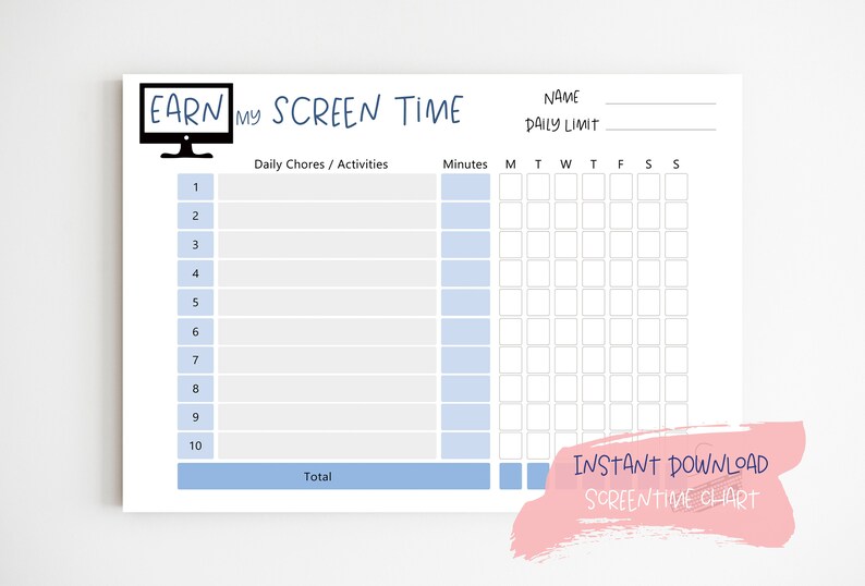 Earn My Screen Time Chart | Printable Screen Time Chart | Chores Chart ...