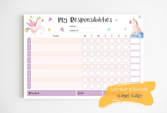 My Responsibilities Chart Chores Chart Unicorn Printable | Etsy